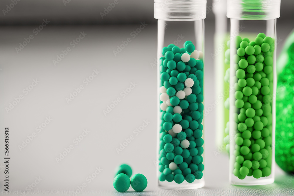 Green biodegradable plastic granules in test tubes. Recycling plastic ...