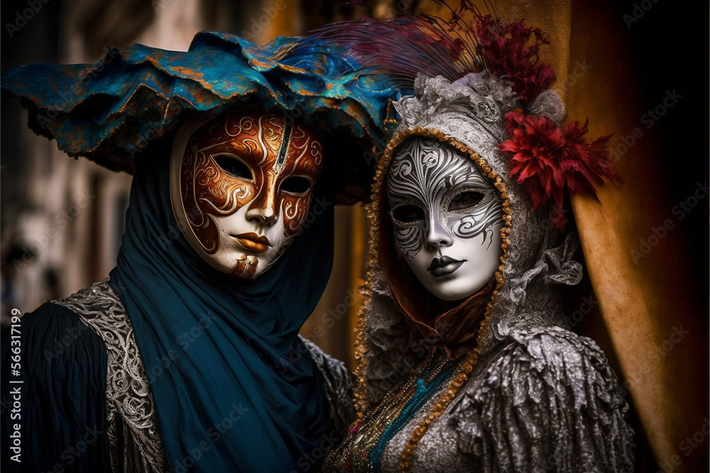 Pessoas mascaradas em Veneza com lindíssimas máscaras tradicionais e ...