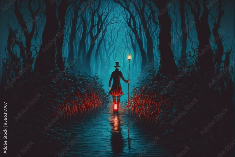 man with a magic torch walking in the haunted swamp , digital art style ...