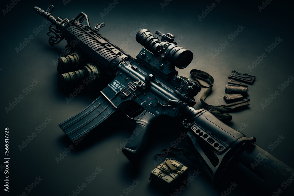 The photo features an M4 carbine rifle with a 30-round magazine ...