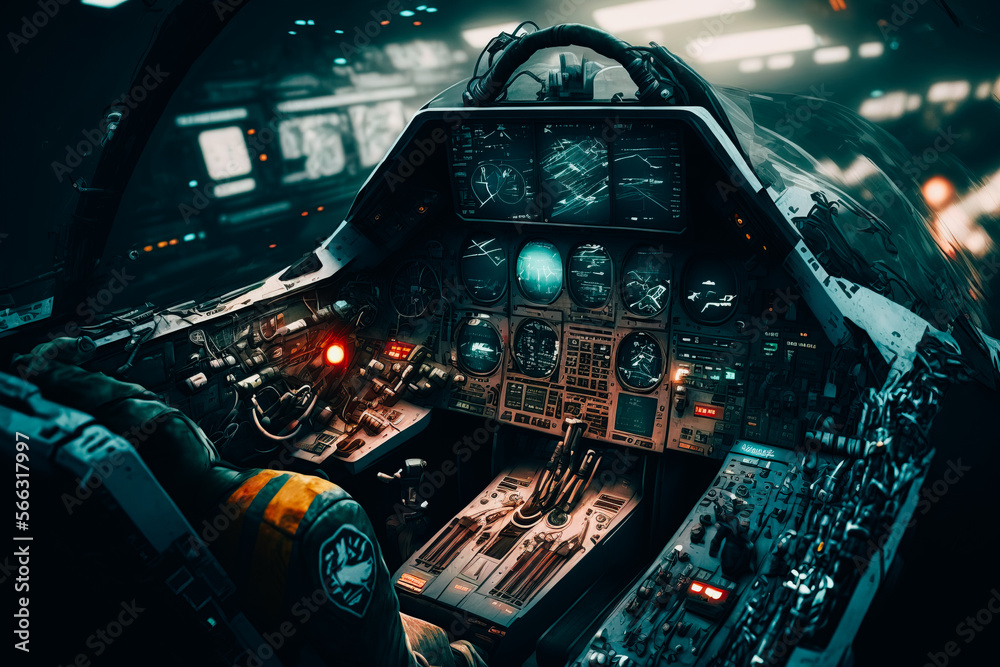 The picture captures the inside of a fighter jet cockpit, showing the ...
