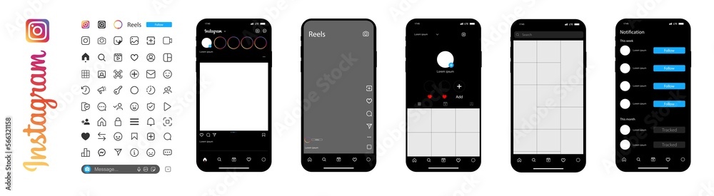 Instagram mockup. Set instagram screen social media interface template ...