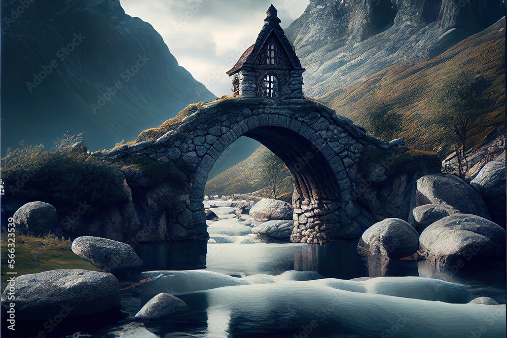 Medieval bridge nordic stone sculptures design lands. AI generated art ...