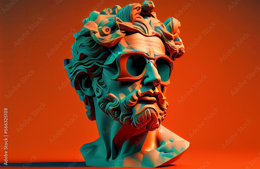Roman statue head wearing sunglasses on a solid color background ...