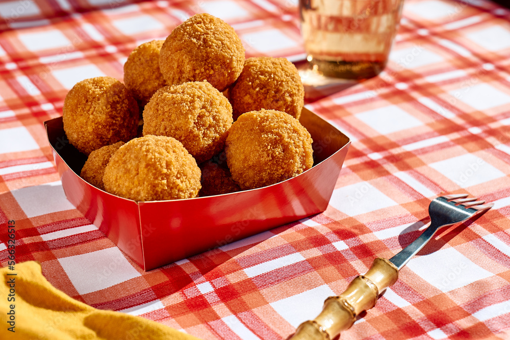Typical Sicilian street food arancini (deep fried rice balls with meat ...
