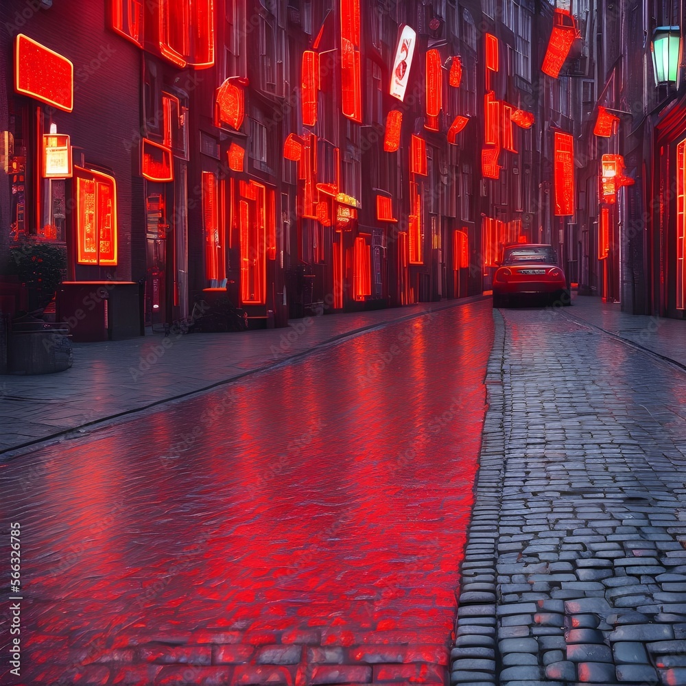 Red Light District. Red boxes with curtains and rainy cobblestones on ...
