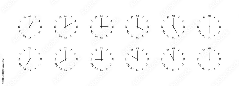 Roman numerals clock set with different times from 1 to 12 oclock ...