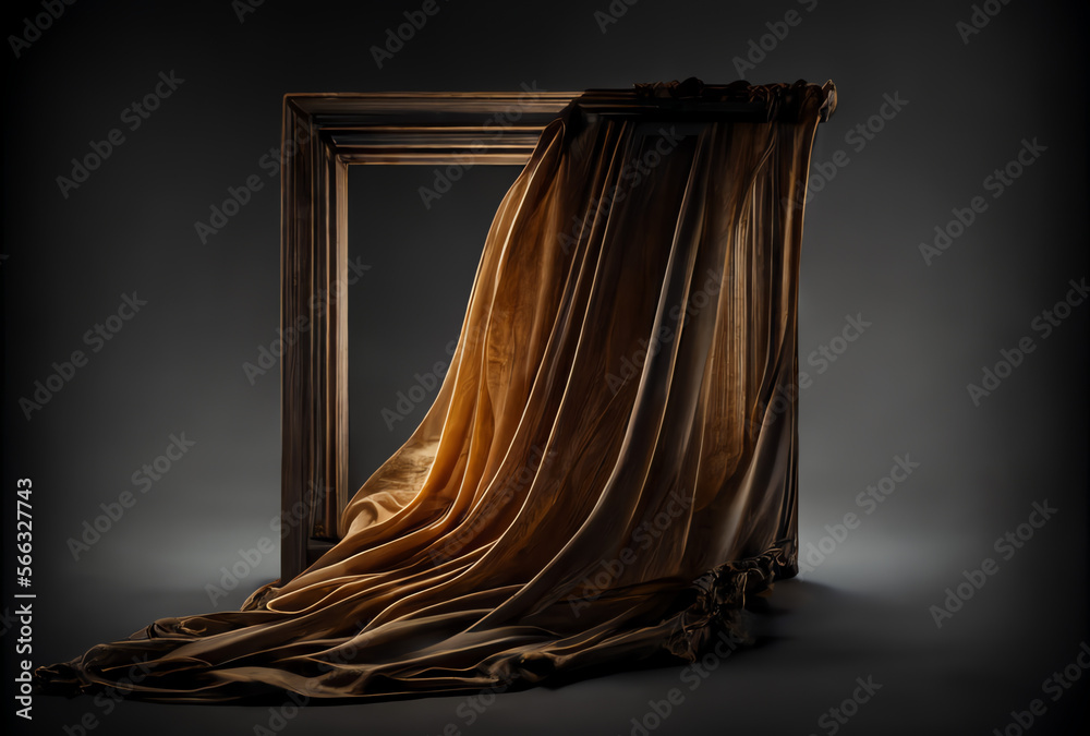 beige silk curtain draped over large wooden frame on dark background ...