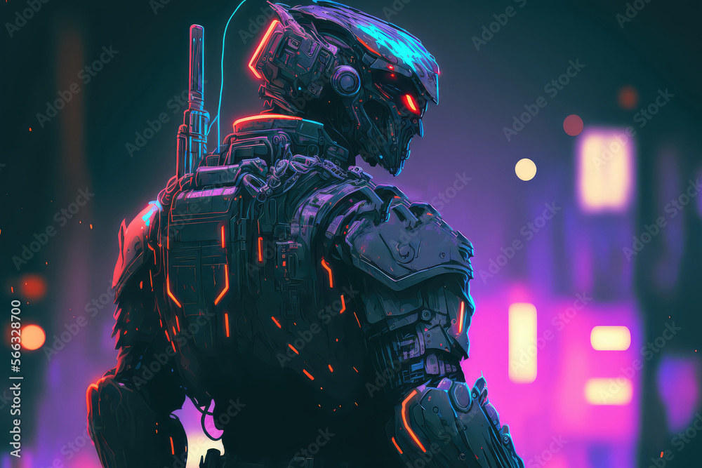 Cyberpunk soldier, neon highlights and neon contour. Cyberpunk soldier ...