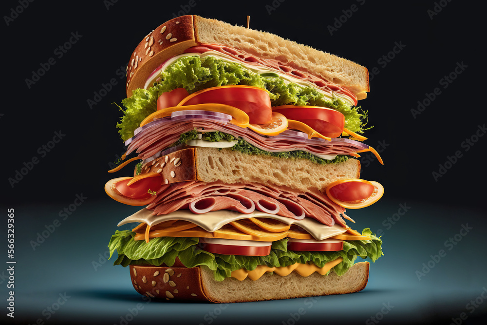 a very large sandwich with many different toppings on a black ...
