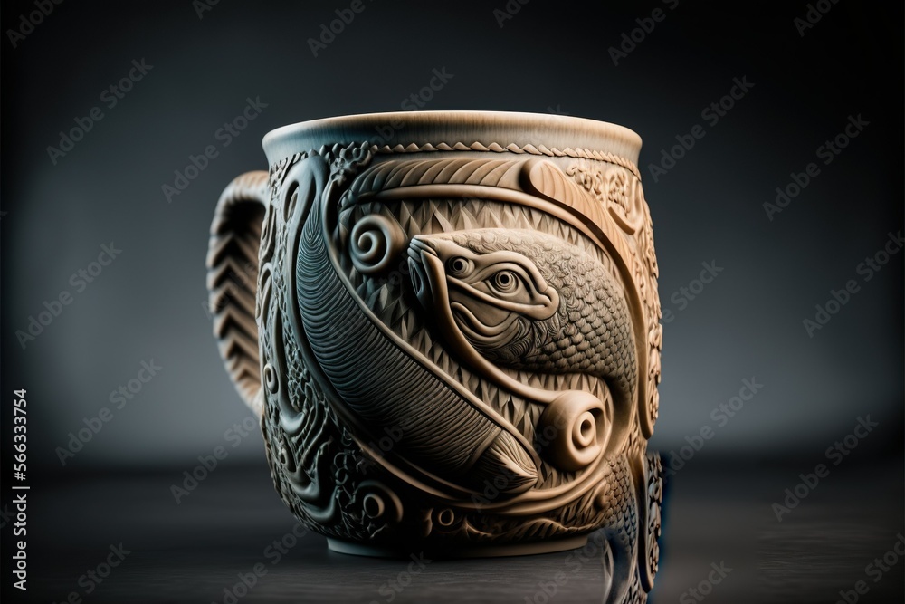 Coffee cup in inuit carving style, concept of Eskimo Art and Arctic ...