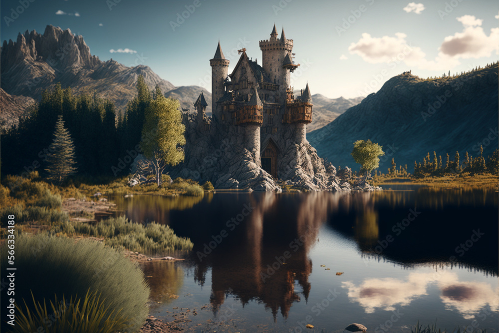 Beautiful castle and a lake below with alligators generative AI Stock ...