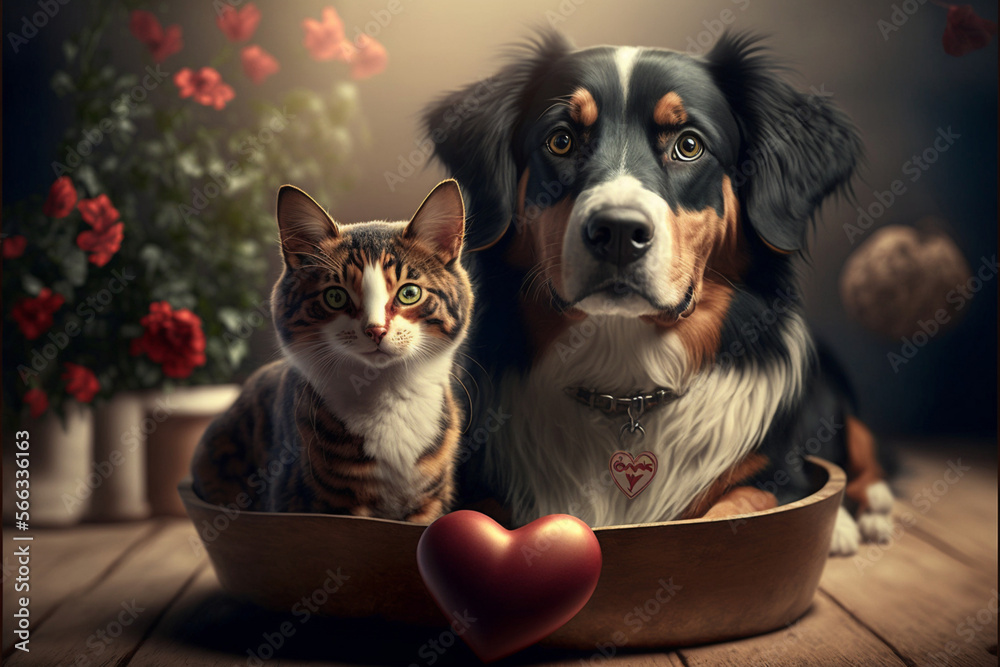 dog and cat valentines day cute romantic background generative ai Stock ...