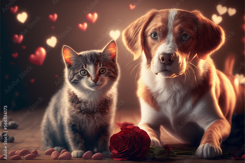 dog and cat valentines day cute romantic background generative ai Stock ...