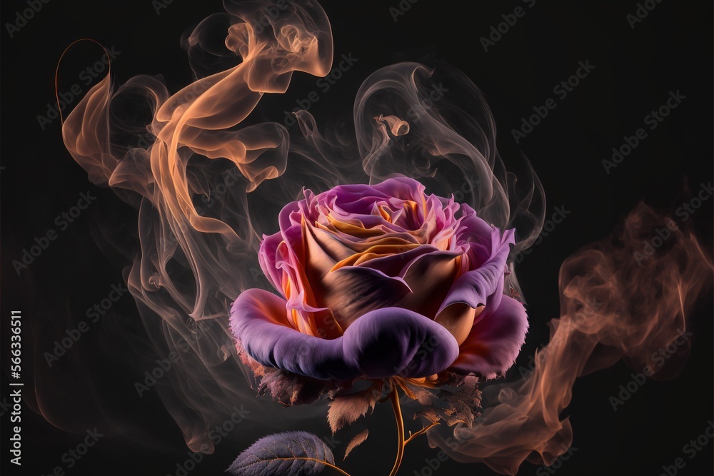 a pink rose with smoke coming out of it on a black background with a ...
