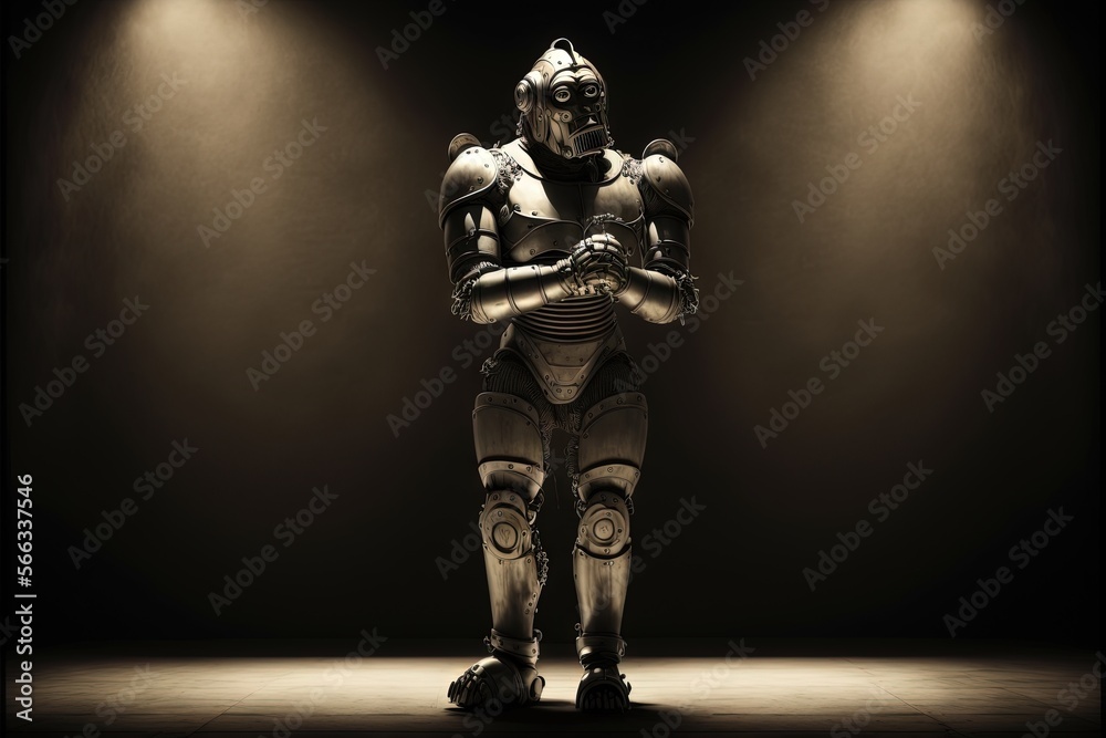 a robot standing in front of three spotlights with his arms crossed and ...