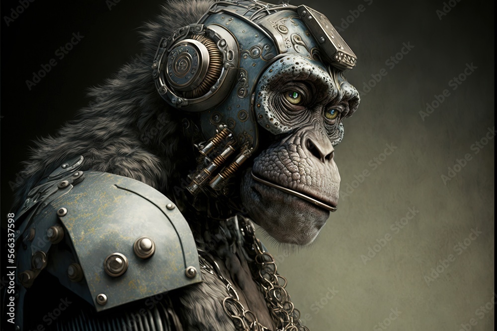 a monkey with a helmet and chain around its neck and a chain around its ...