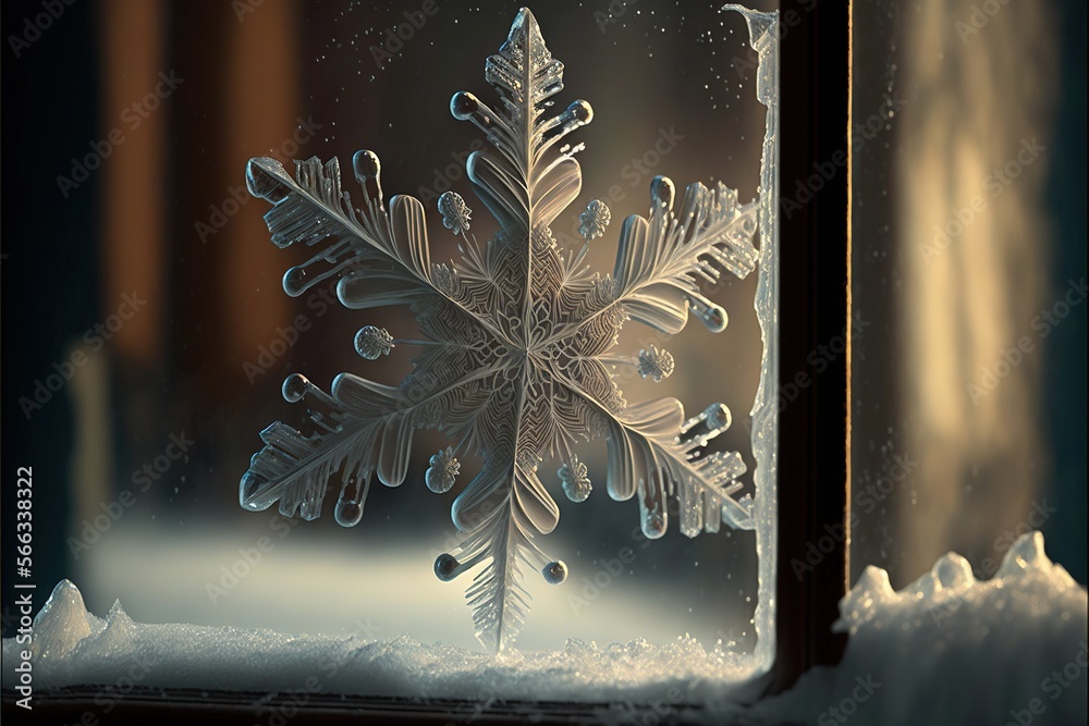 a snowflake is seen through a window in the wintertime, with snow on ...