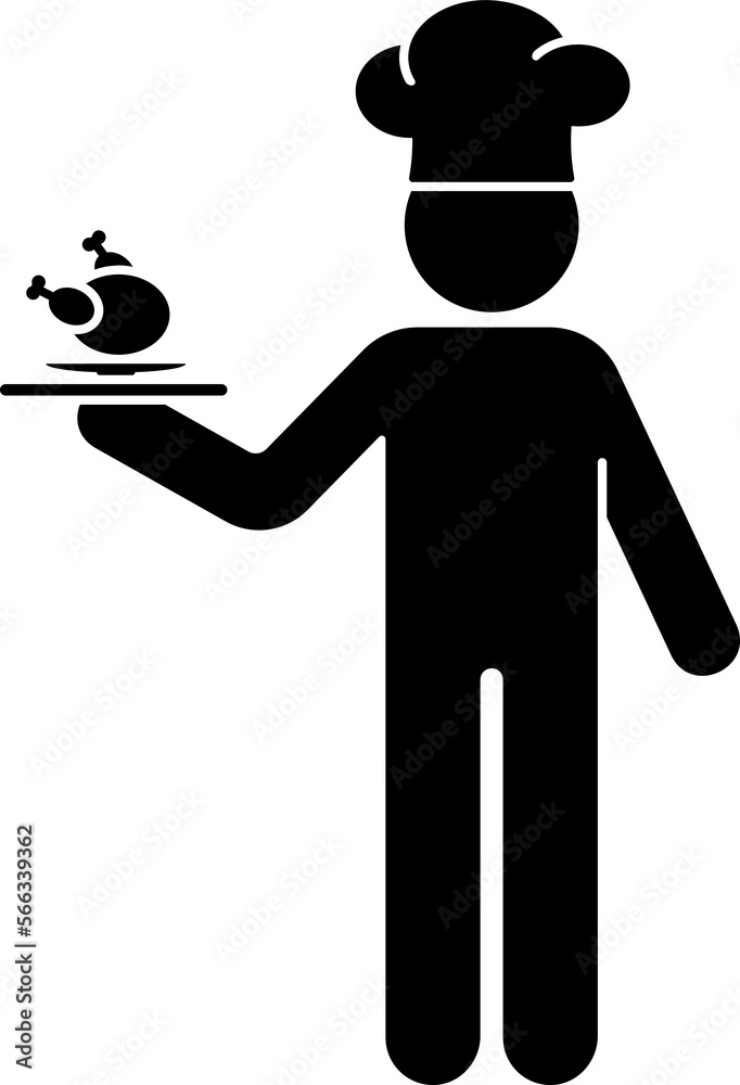 Chef cook stick figure man standing with roasted chicken icon. Black ...