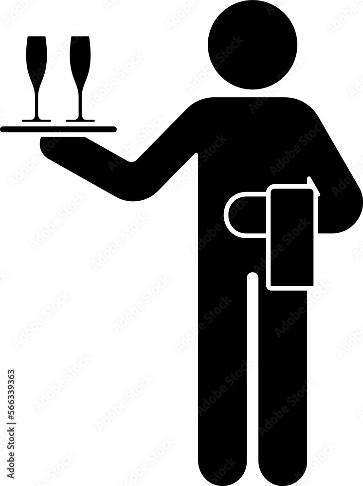 Waiter stick figure man standing with champagne glasses icon. Black and ...