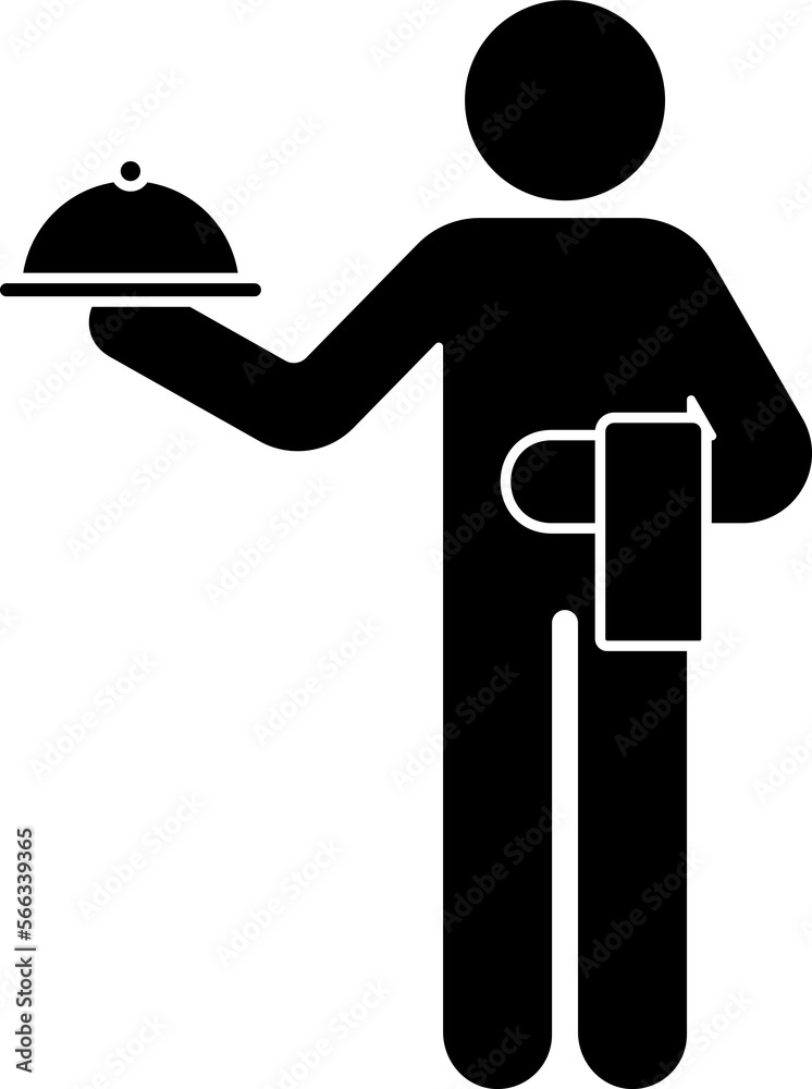 Waiter stick figure man standing with cloche icon. Black and white ...