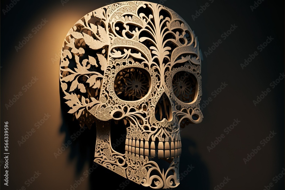 Human skull in papel picado style, concept of Mexican Folk Art and Day ...