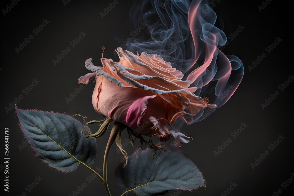 a pink rose with smoke coming out of it's petals on a black background ...