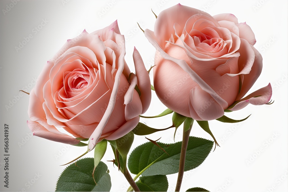 two pink roses with green leaves on a white background with a light ...