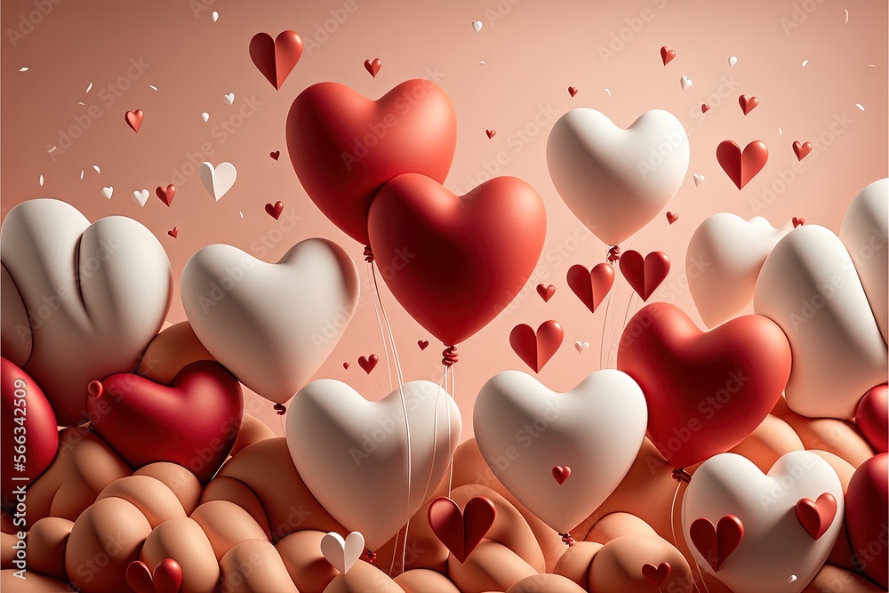 a bunch of heart shaped balloons floating in the air on a pink ...