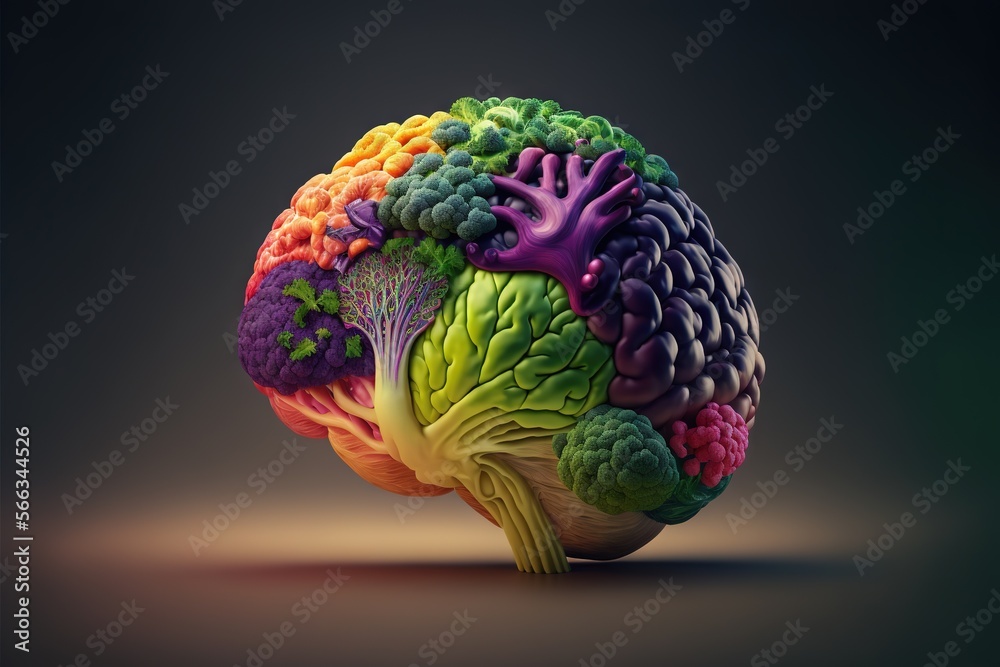 a colorfully colored human brain on a black background with a shadow of ...
