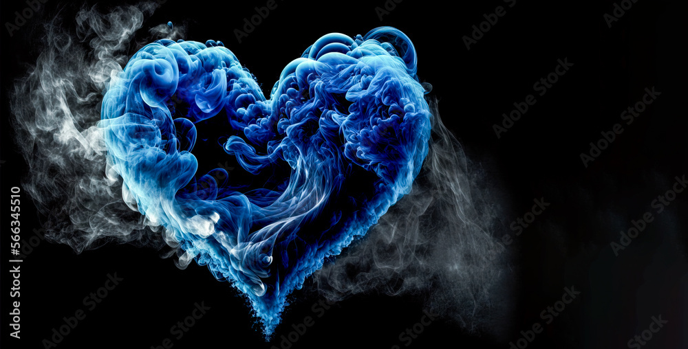 Electric fiery blue smoke, heart on a black background, shape of a ...