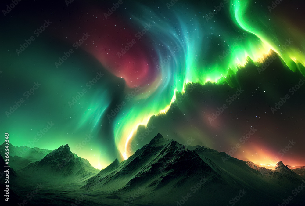Northern lights over the sea, snowy mountains in aurora Polaris night. Starry sky during ...
