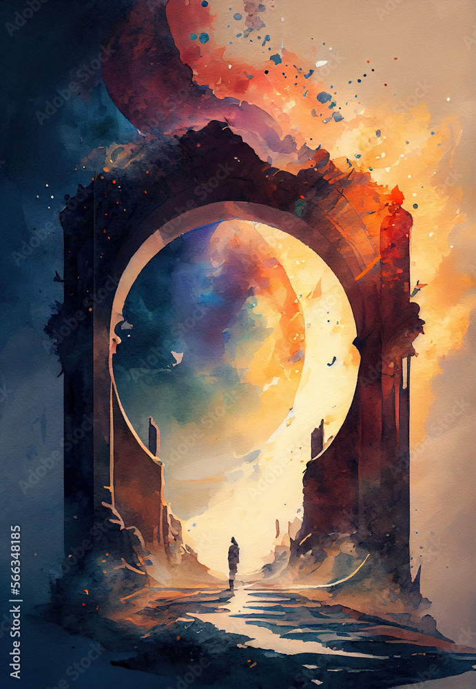 Portal gate with human silhouette on alien planet. Watercolor painting ...