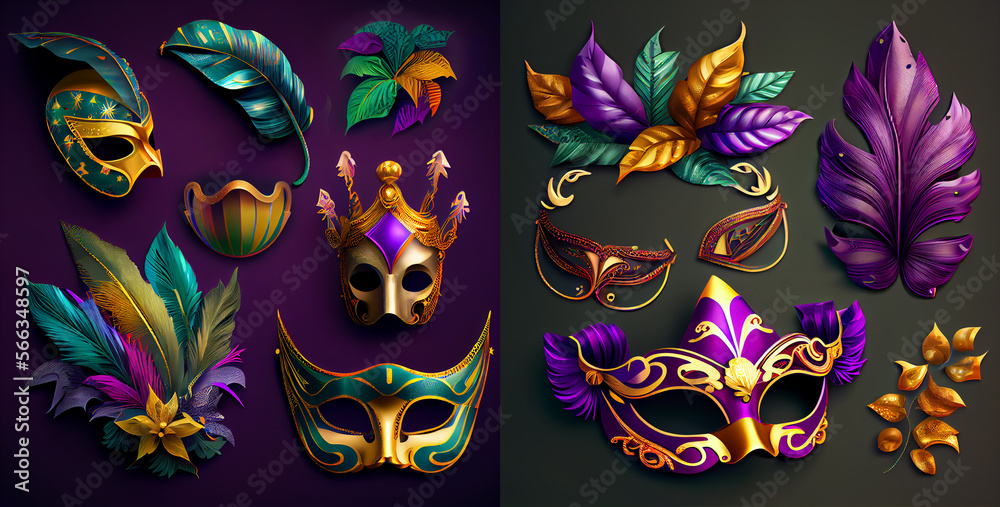 Set of isolated mask and elements for Mardi Gras carnival. Colombina ...