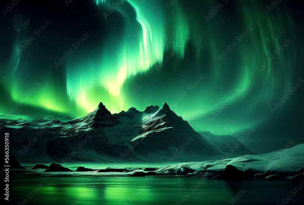 Northern lights at sea. Aurora borealis AI Generative. Snowy mountains ...