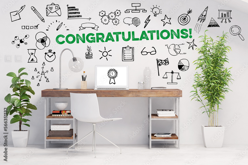 Lettering Congratulations over desk workplace Stock Illustration ...