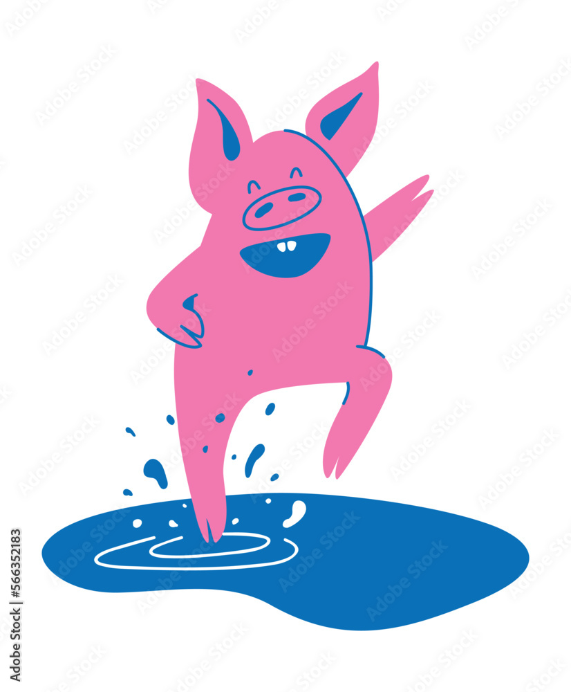 A happy pink pig is dancing. National Pig Day. Piglet jumps in a puddle ...