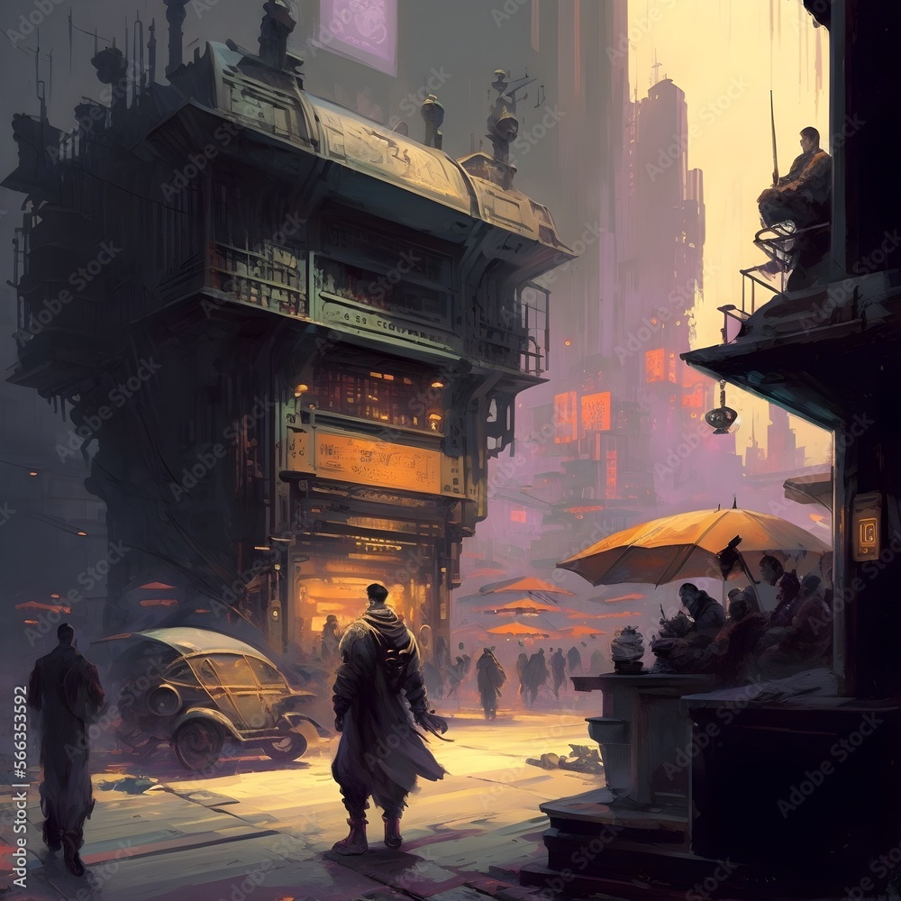 Dystopian Cyberpunk far future Kowloon New York City crowded streets ...