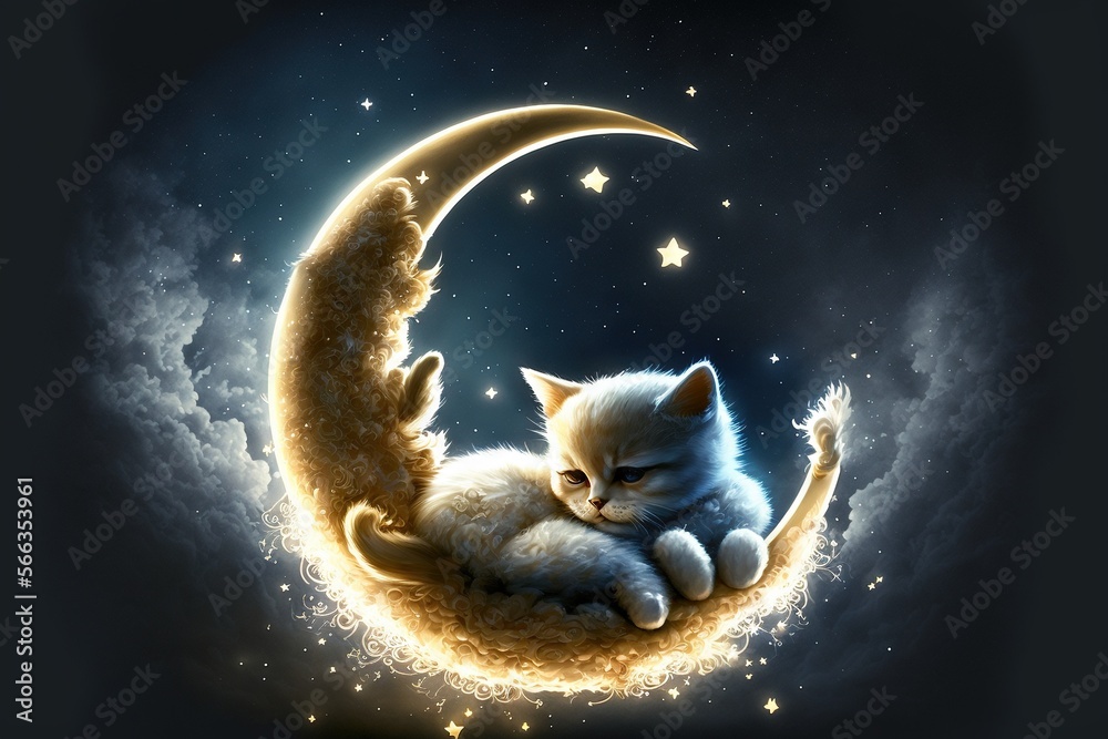 a cat sitting on a crescent moon with stars in the sky behind it and ...