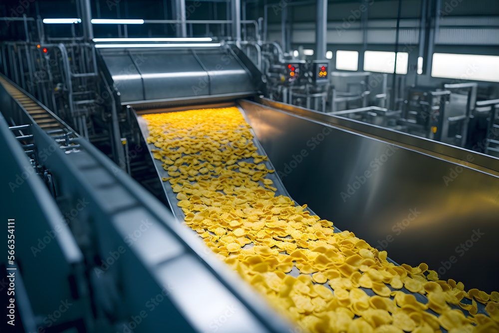 Conveyor production of potato chips, sorting packaging frying ...