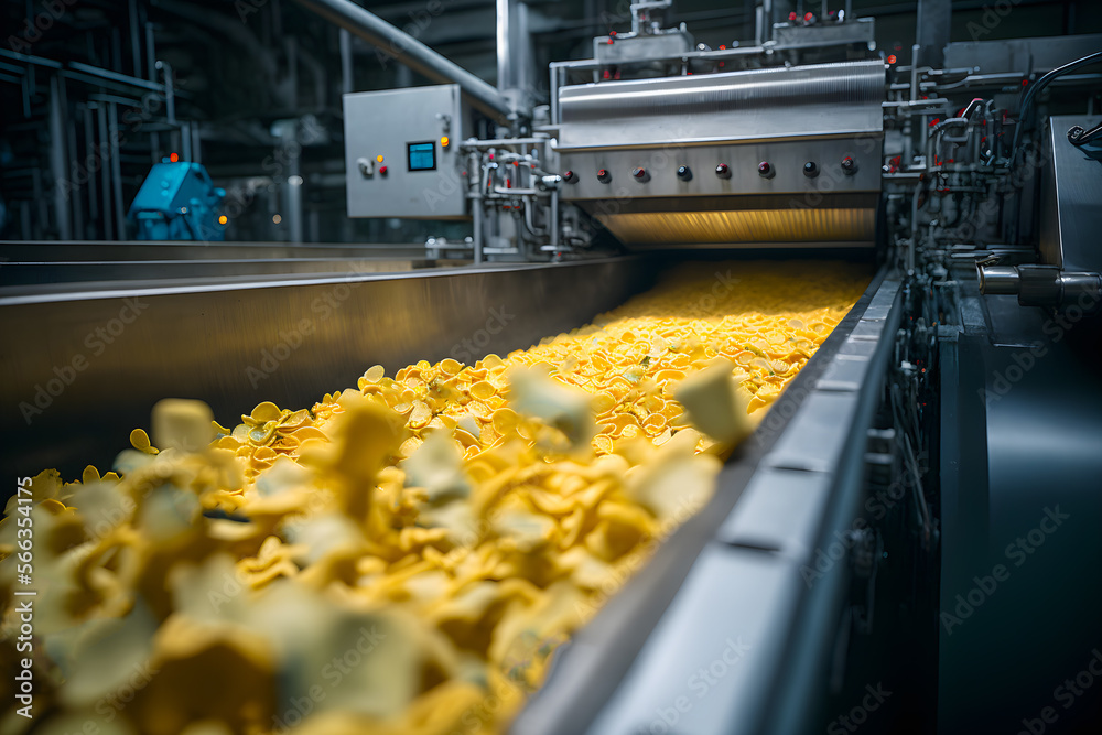 Conveyor production of potato chips, sorting packaging frying ...