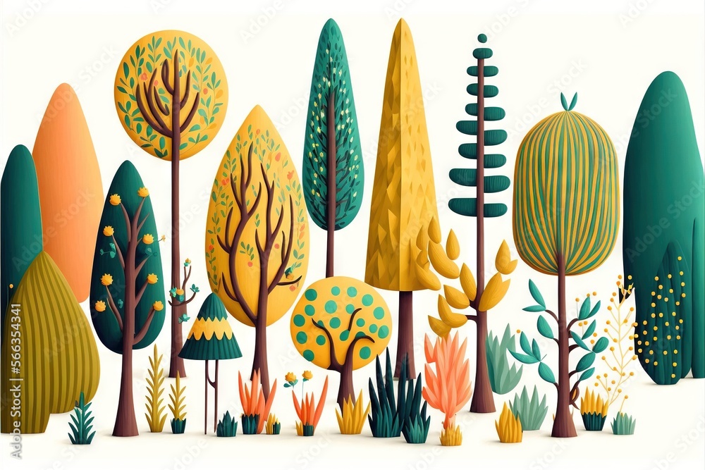 a group of trees and bushes in a flat style with different colors and ...