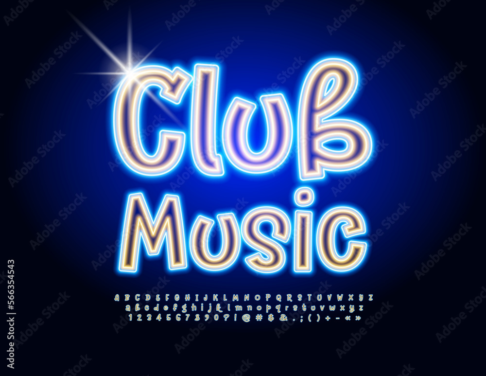 Vector playful Emblem Club Music. Bright Glowing Font. Funny Neon ...