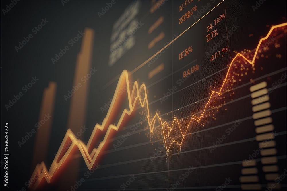 a close up of a stock chart with a red arrow pointing up and a yellow ...