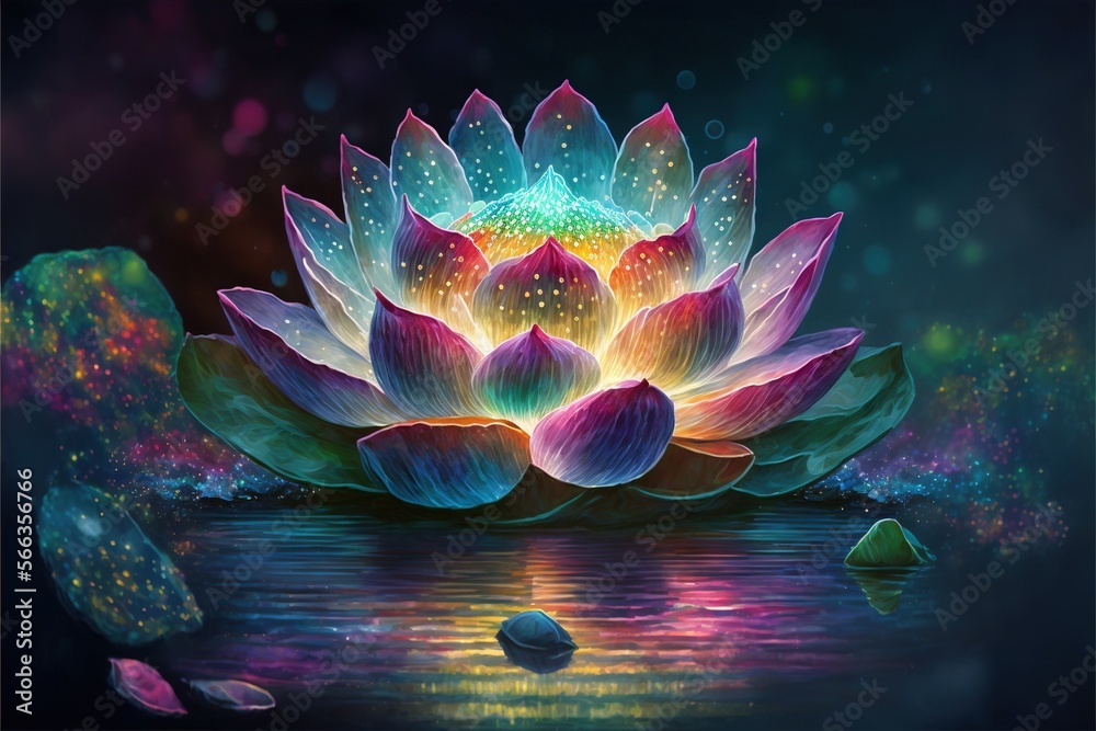 Poster, Foto a painting of a lotus flower in a body of water with a ...