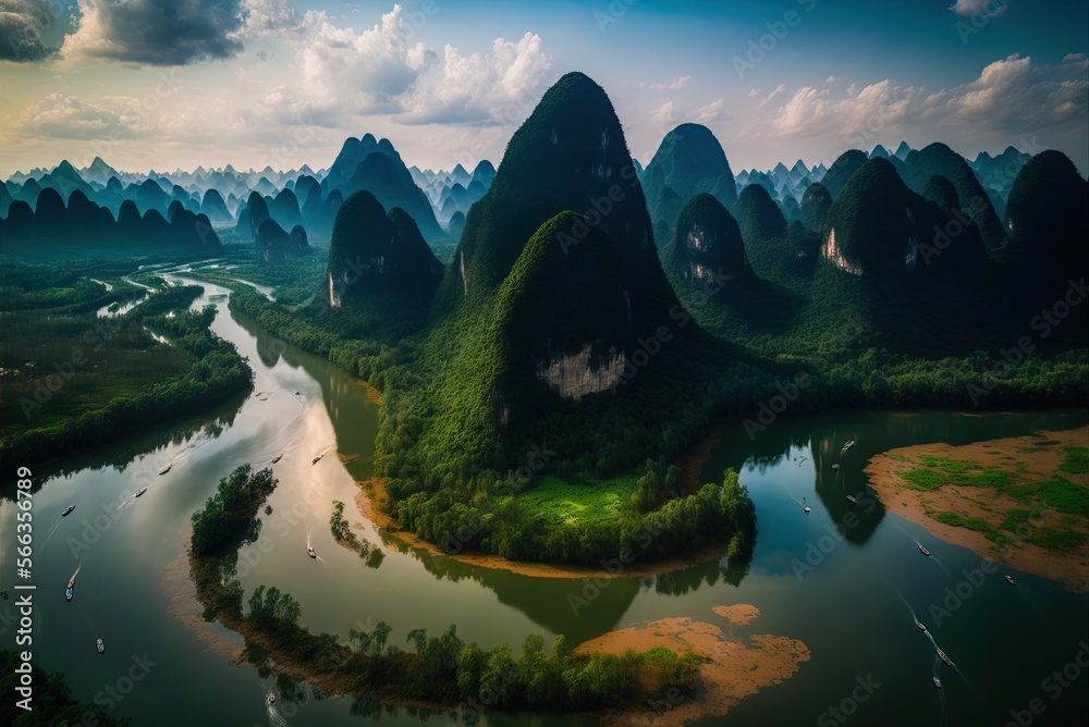 aerial view of mashan mountain and the li river in yangshuo county ...