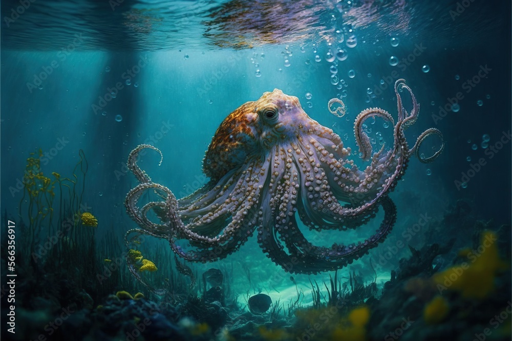 an octopus is swimming in the ocean with a lot of water around it's ...