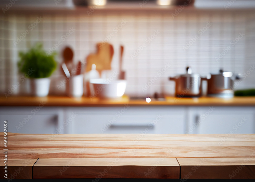 Wood table top on blur kitchen counter background. For montage product ...