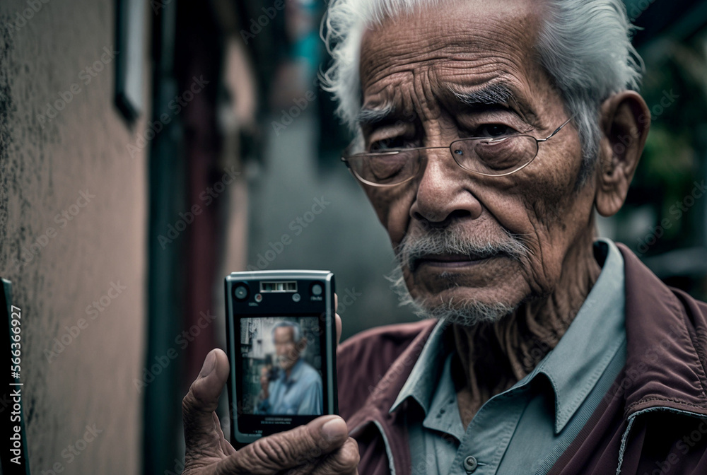 an old man with an older model smart phone shows the display with face ...