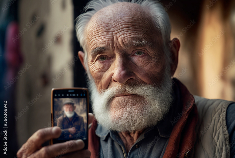 an old man with an older model smart phone shows the display with face ...